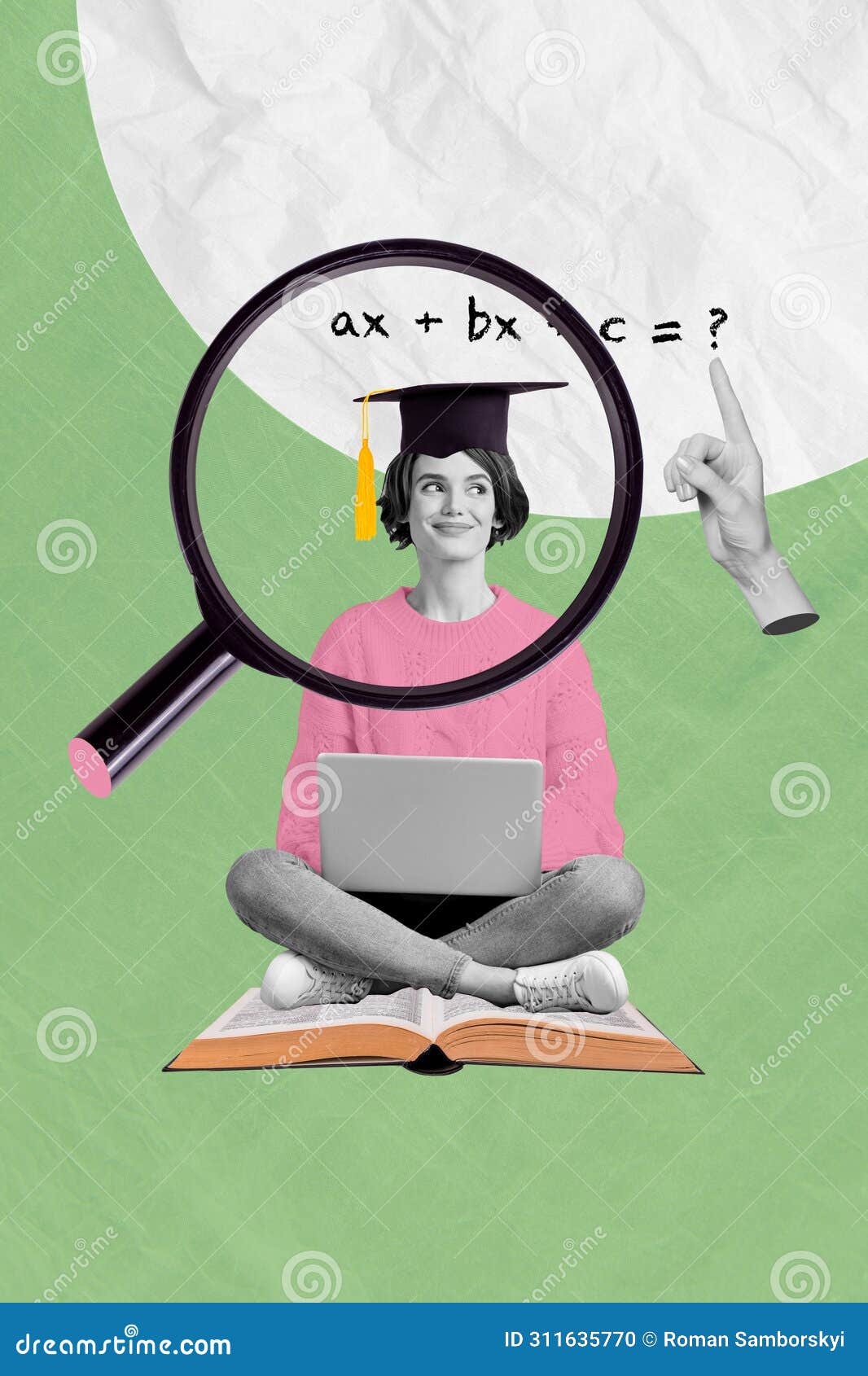 Vertical Collage Picture Young Sitting Girl Magnifying Loop Lens ...