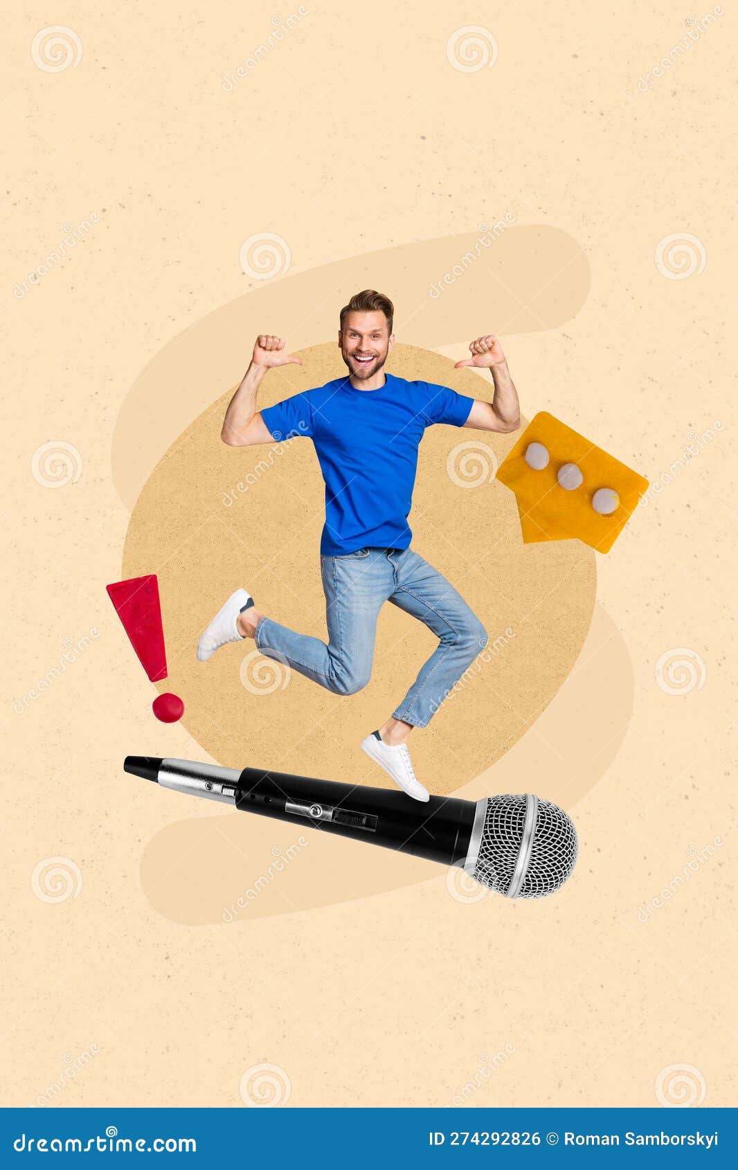 Vertical Collage Portrait of Excited Mini Guy Point Fingers Himself Big ...