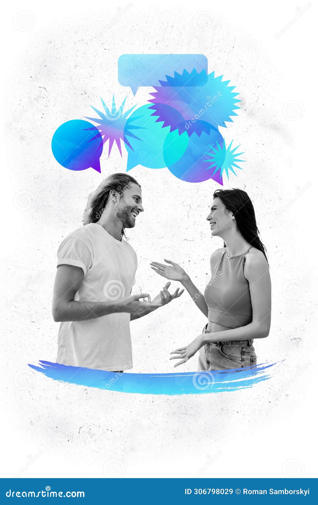 Vertical Collage of Two Cheerful Black White Effect People Talk ...