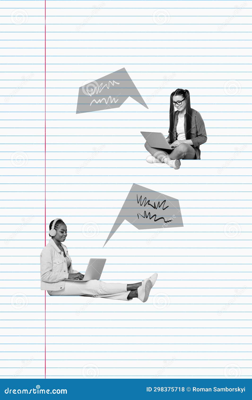 Vertical Collage Two Young Students Girls Use Laptops Create Project ...