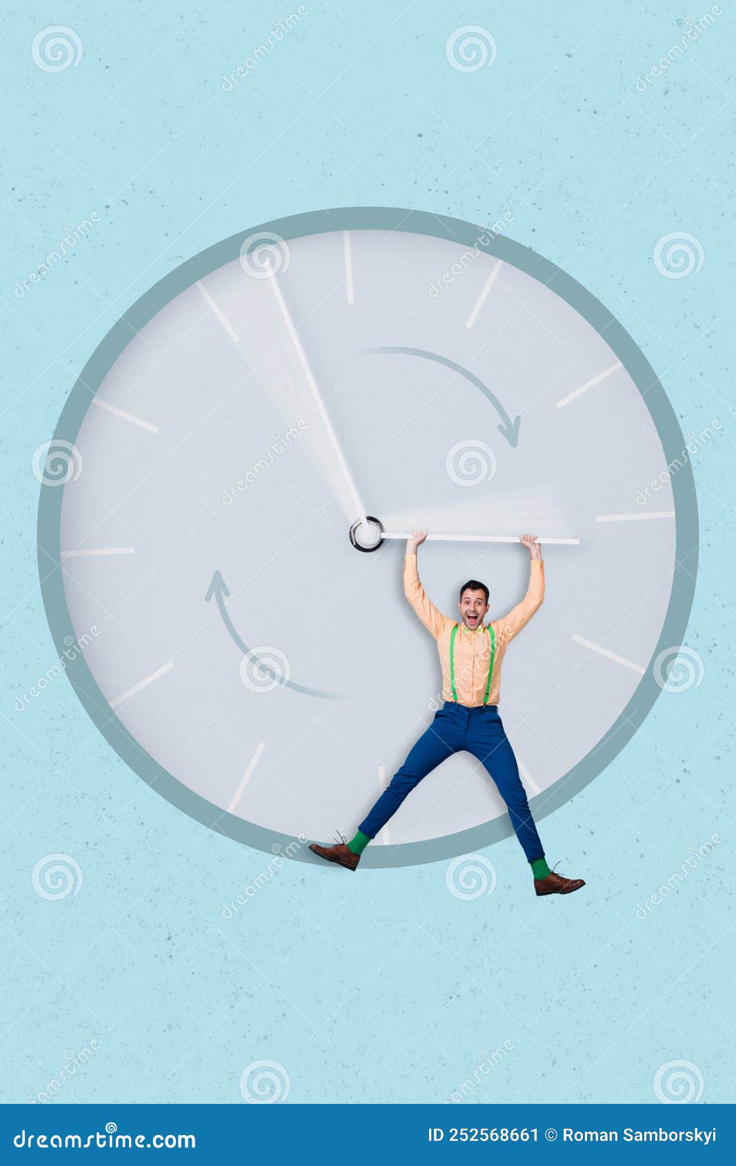 Vertical Composite Collage Image of Excited Guy Hanging Hour Hand Huge ...