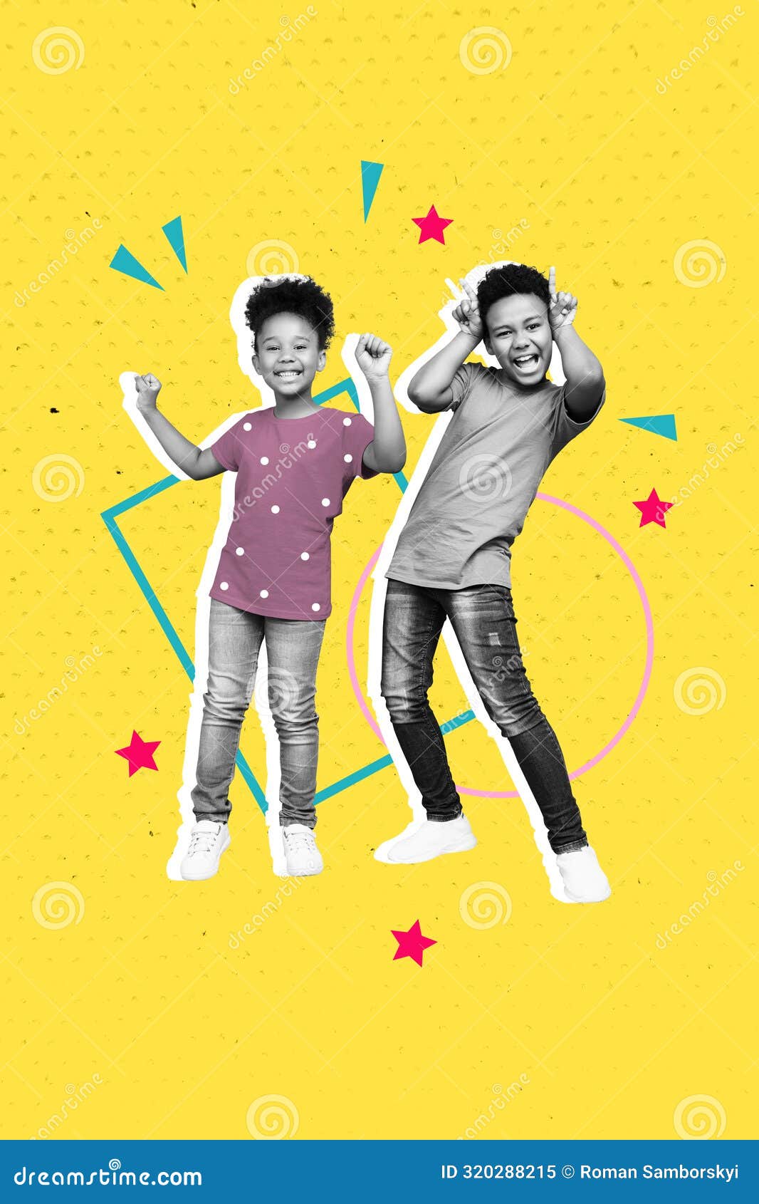 Vertical Composite Collage Image Picture of Two Excited Kids Dance ...