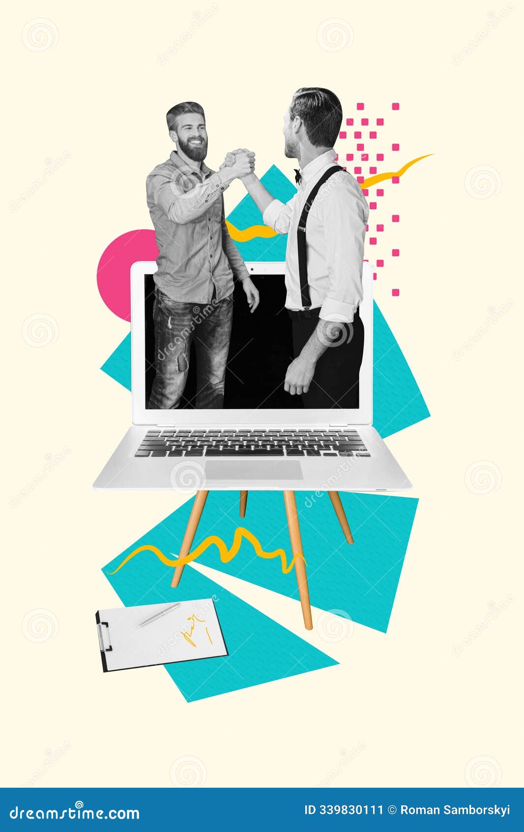 Vertical Composite Collage Image Picture of Two Mini Men Handshake ...