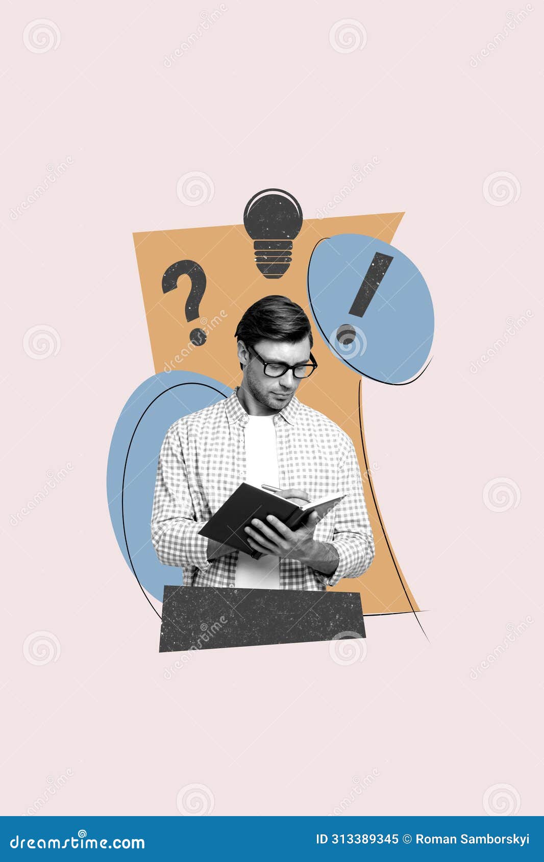 Vertical Composite Collage Picture of Black White Effect Guy Pen Write ...