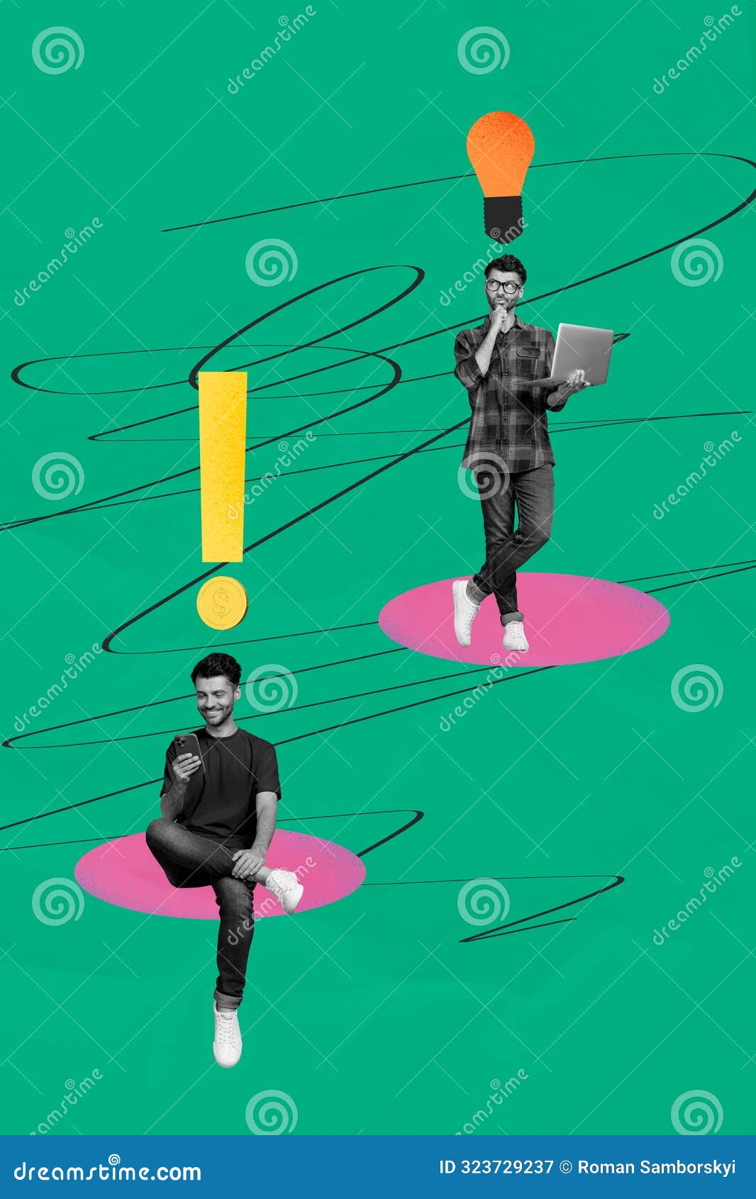 Vertical Composite Collage Picture Image of Two Mini Guys Use Phone ...