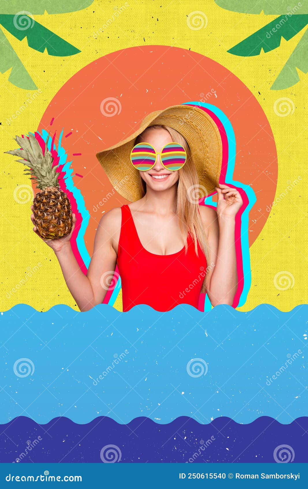 Vertical Composite Collage Picture of Satisfied Person Touch Sunhat Hold Pineapple Isolated on ...