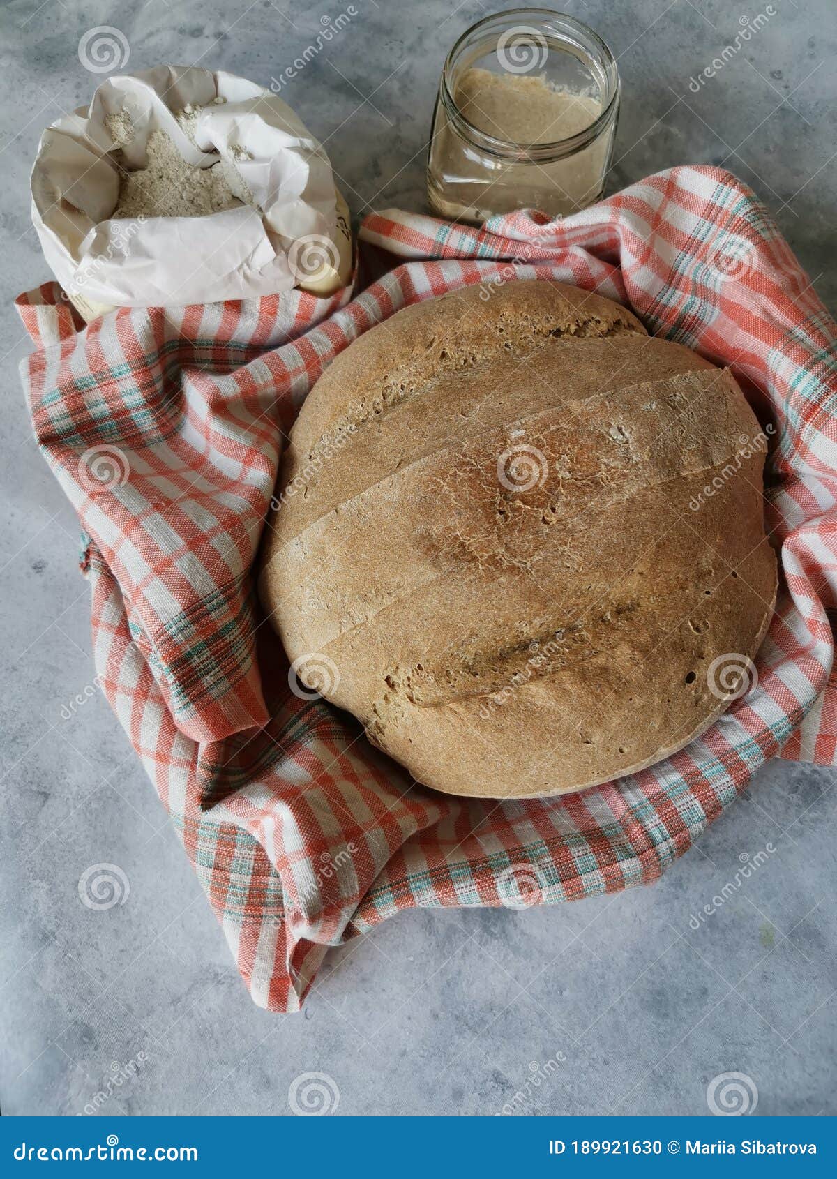 Vertical Composition with Rye Bread, Flour and Sourdough Stock Photo ...