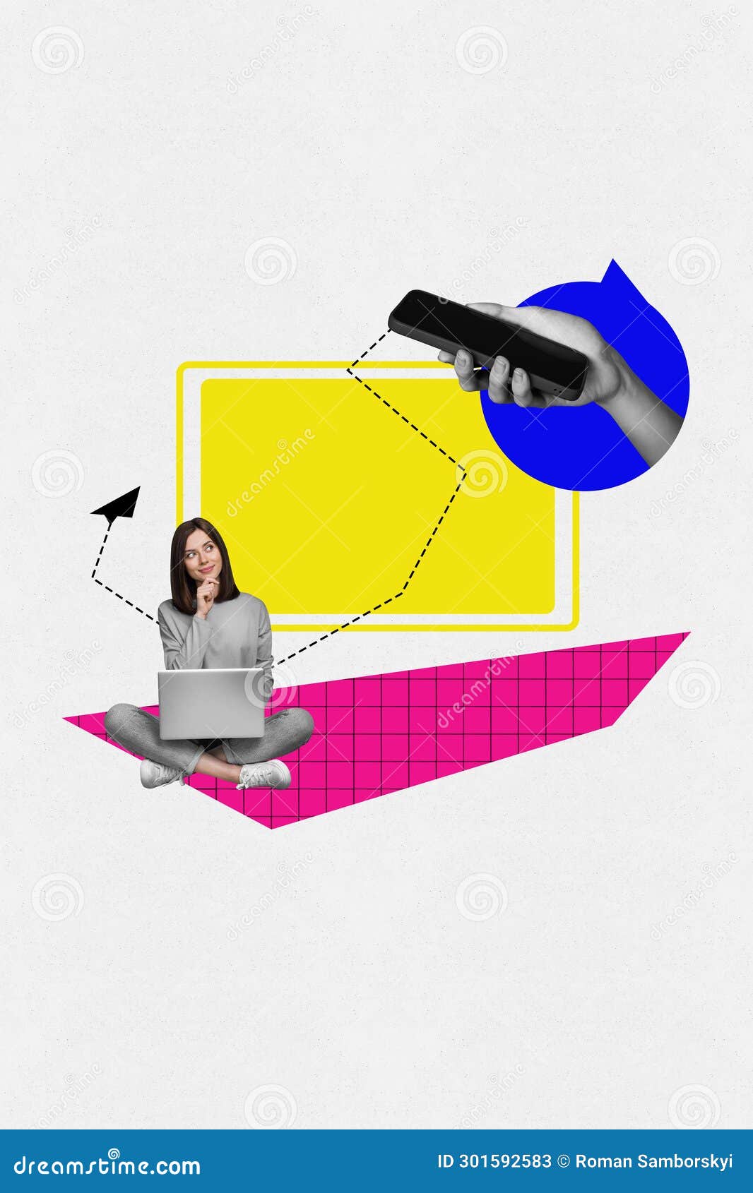 Vertical Creative Collage Illustration Miniature Thoughtful Smile Lady ...