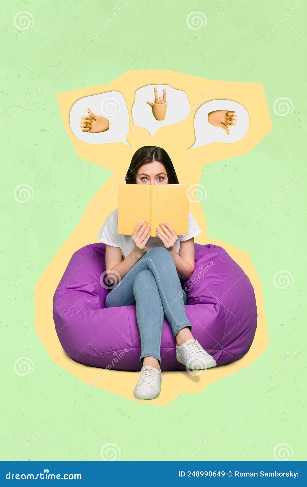 Vertical Creative Collage Illustration of Puzzled Person Sitting Bag ... Vertical Creative Collage Illustration of Puzzled Person Sitting Bag ...