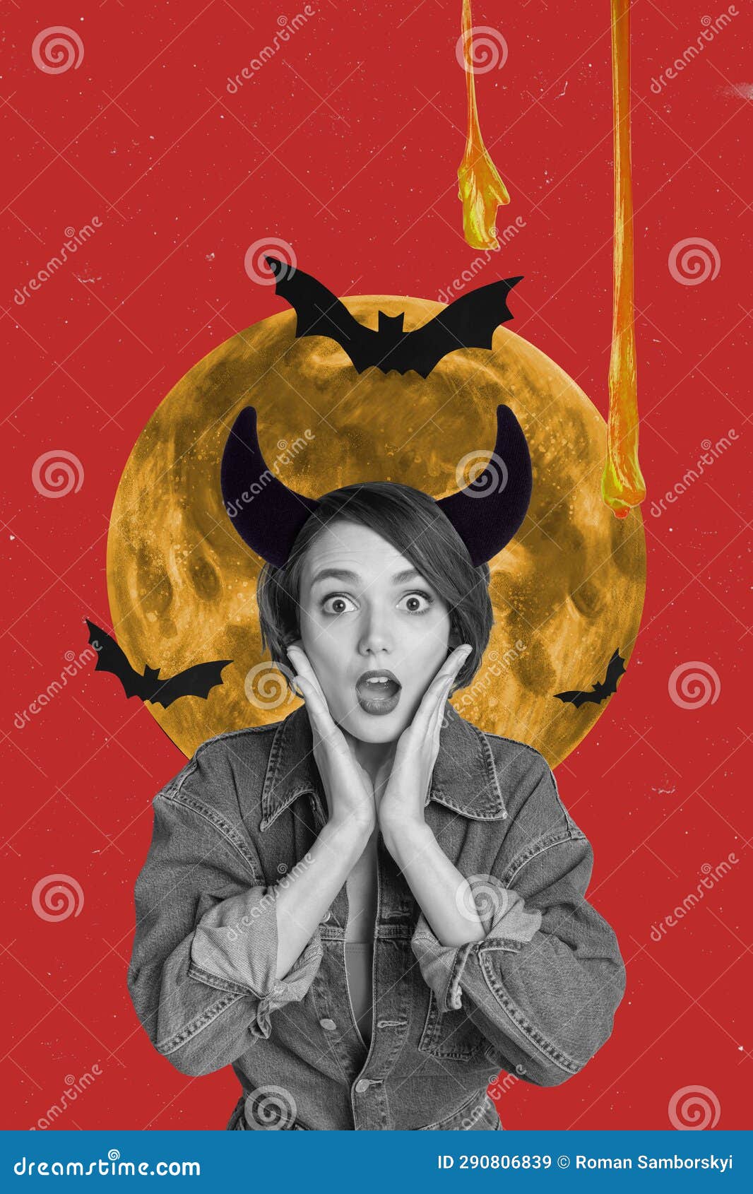 Vertical Creative Collage Image of Amazed Surprised Female Devil Demon ...