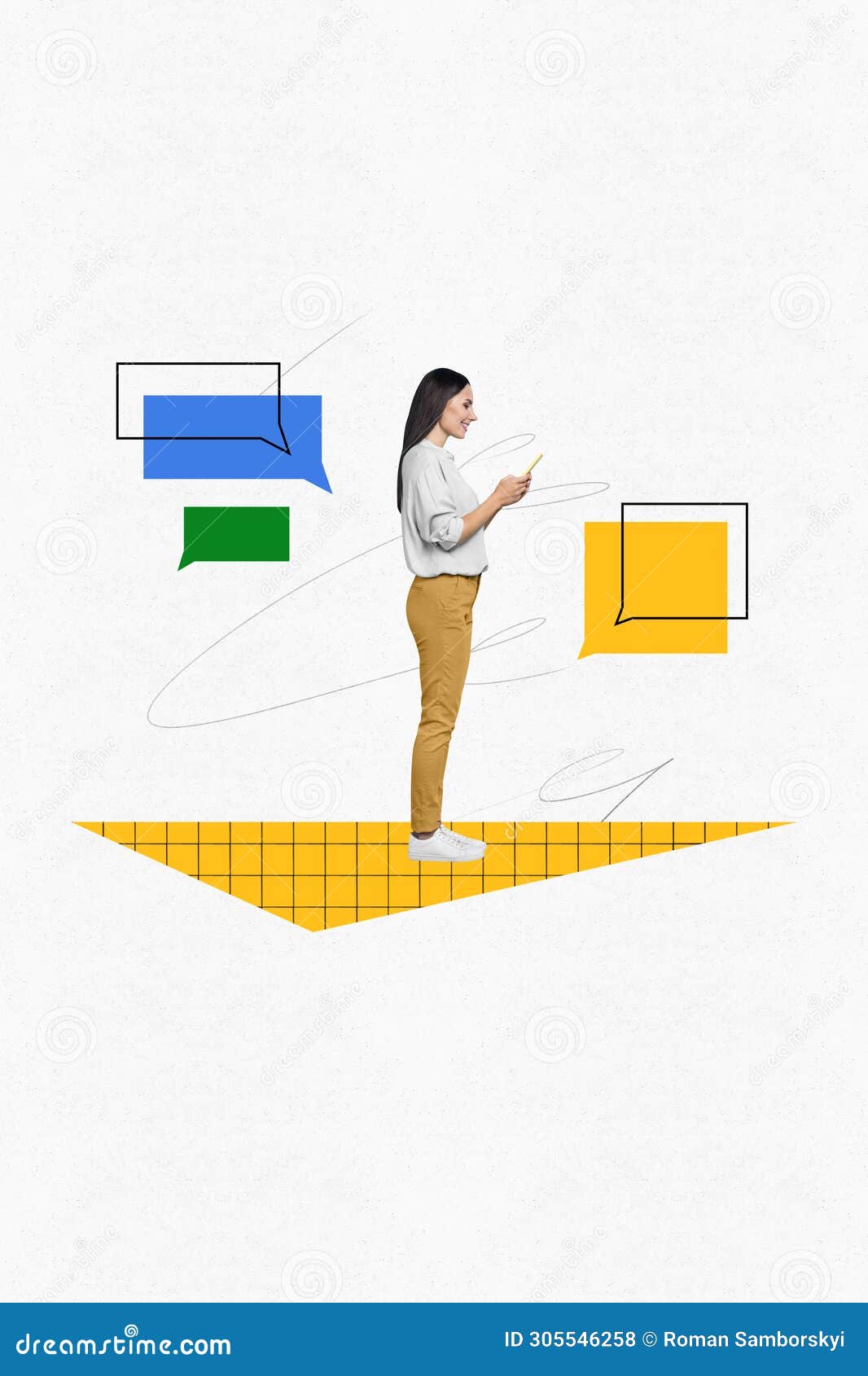 Vertical Creative Collage Image Cheerful Happy Young Lady Chat Mobile ...