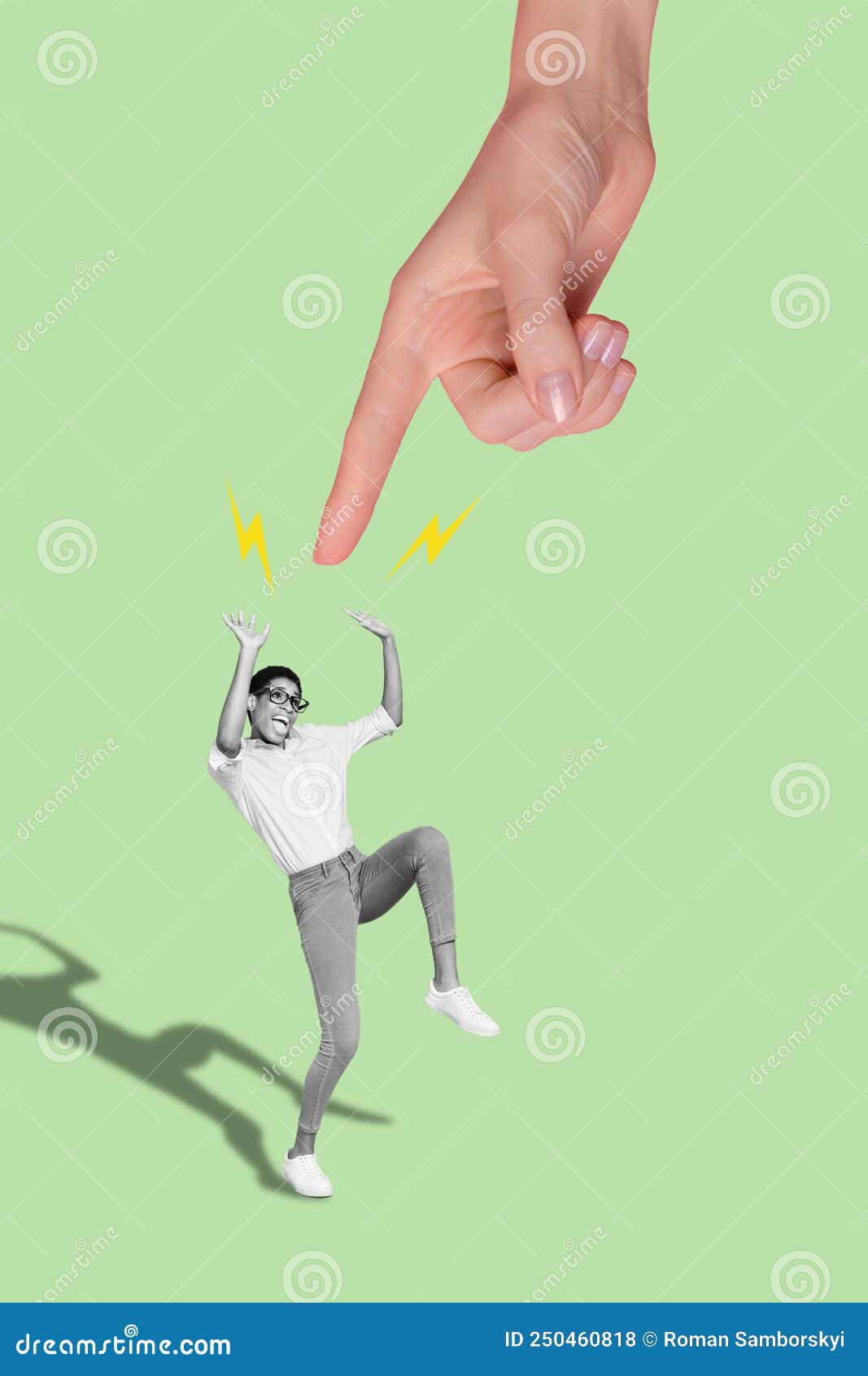 Vertical Creative Collage Image of Huge Hand Finger Point Scared Crazy ...