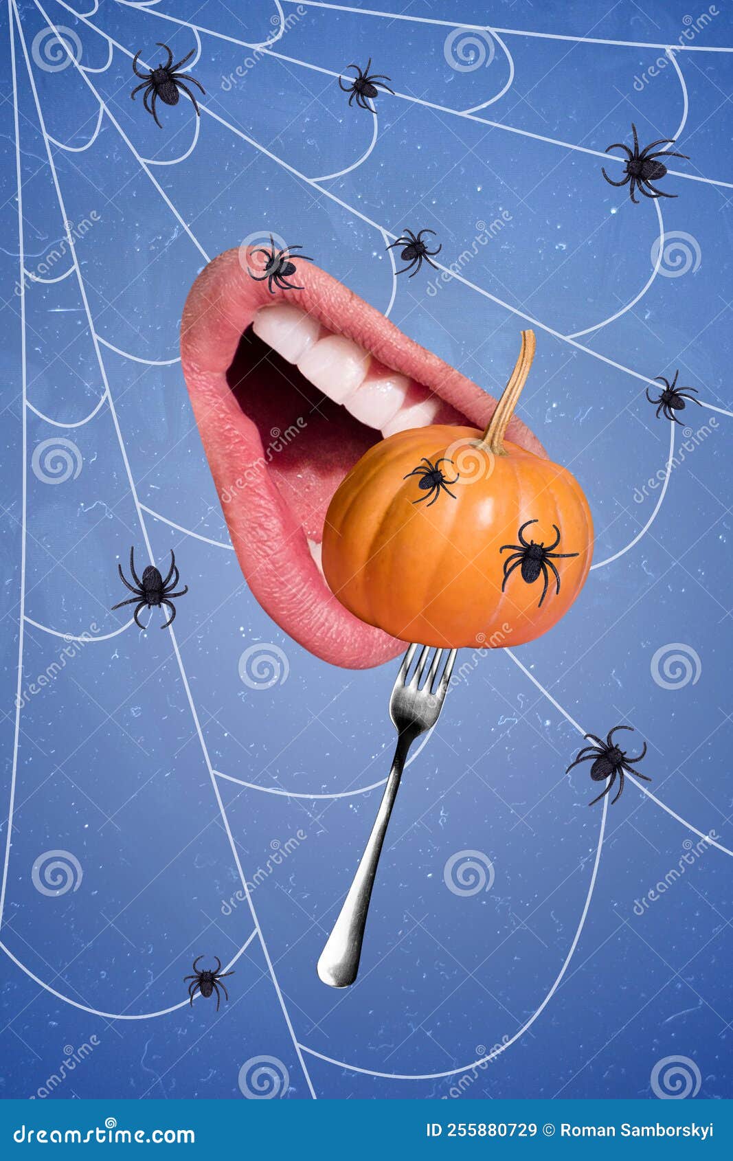 Vertical Creative Collage Image of Human Mouth Teeth Bite Fork Hold ...