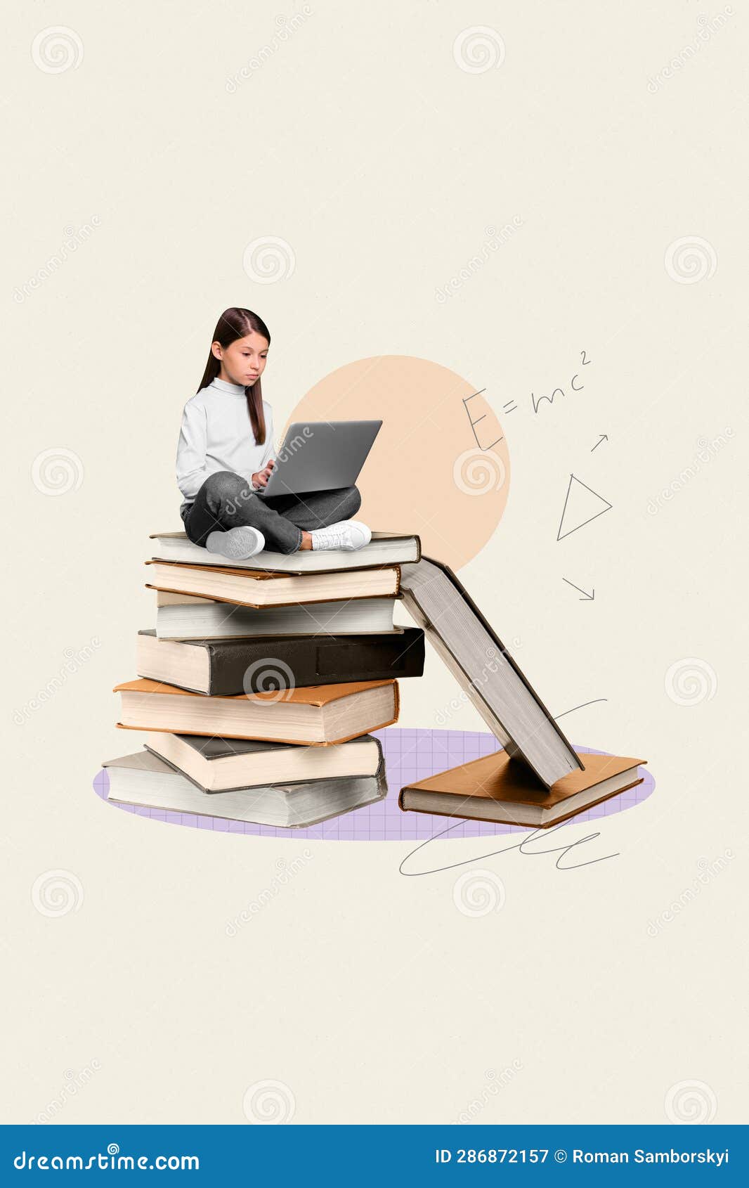 Vertical Creative Collage Image of Little Clever Schoolgirl Read Books ...