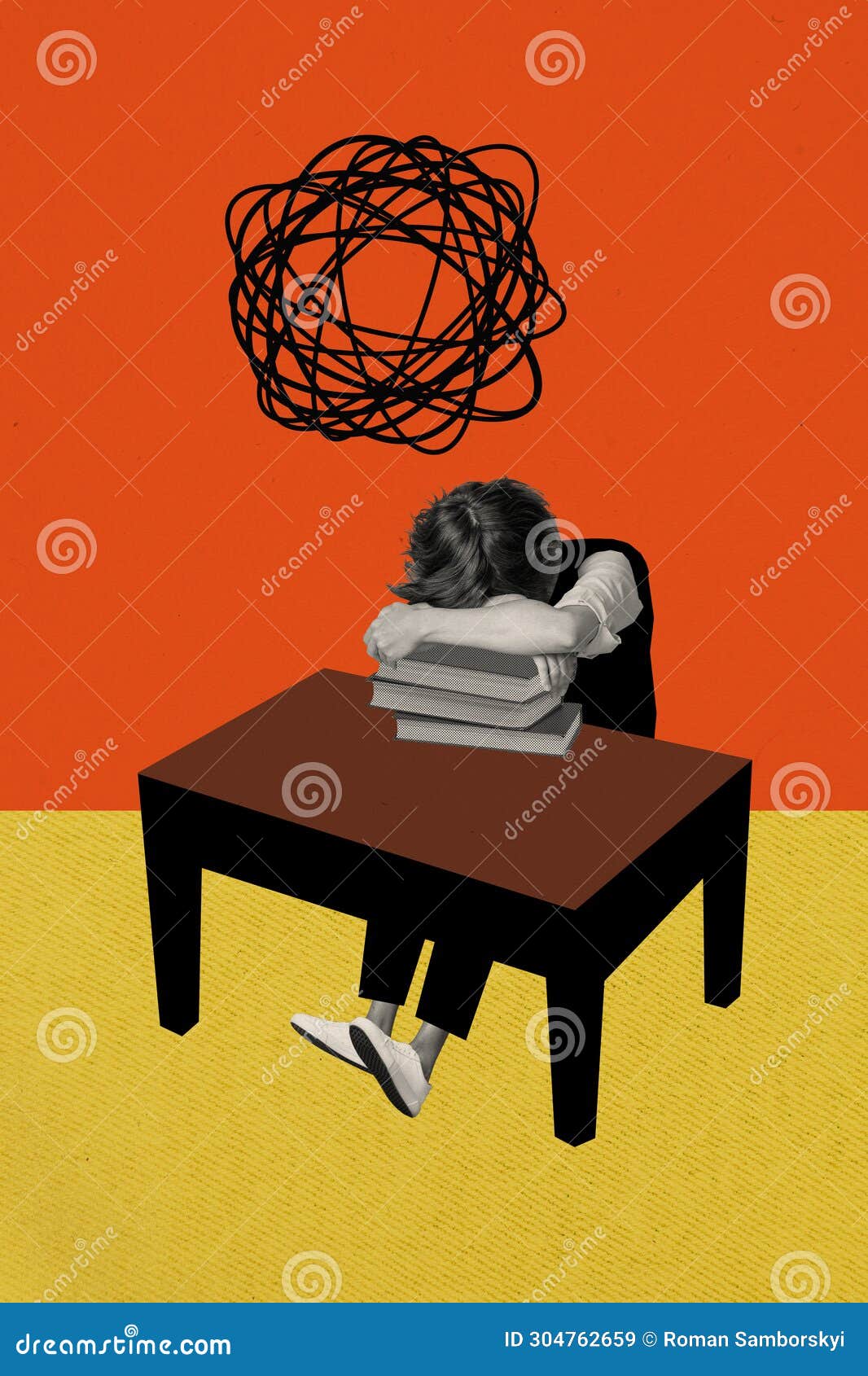 Vertical Creative Collage Photo Sitting Young Guy Stack Books Exam ...