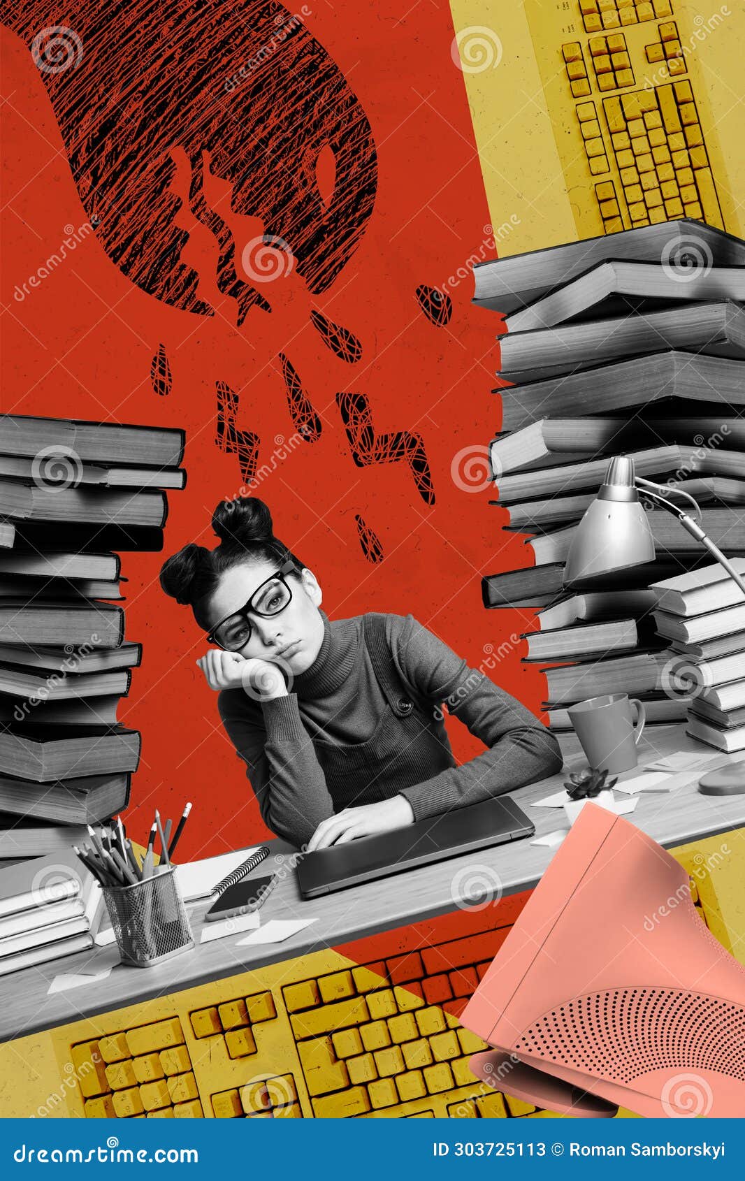 Vertical Creative Collage Poster Sitting Bored Young Girl Worker ...
