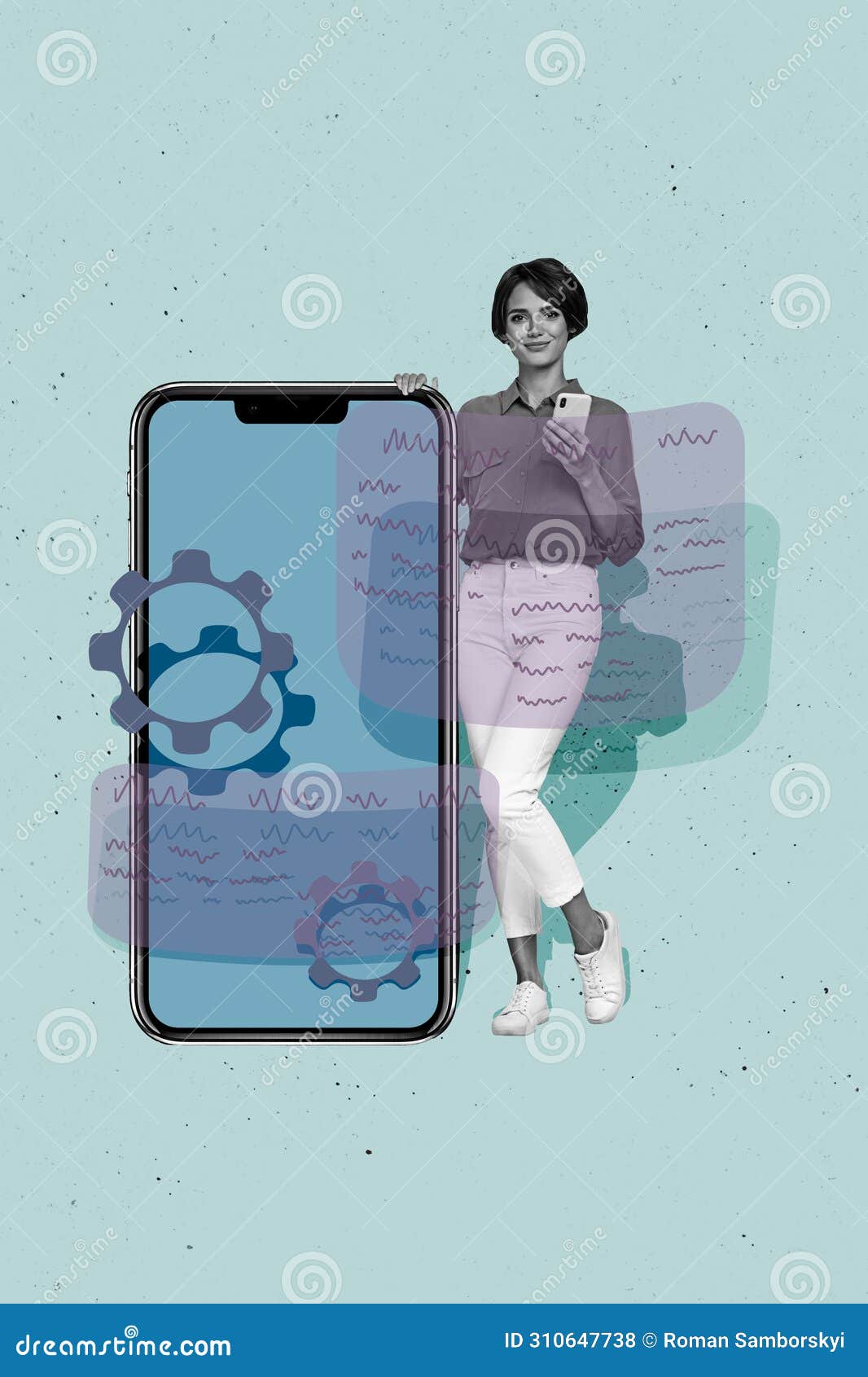 Vertical Creative Collage Poster Young Woman Standing Smartphone Cogwheels Setting App System ...