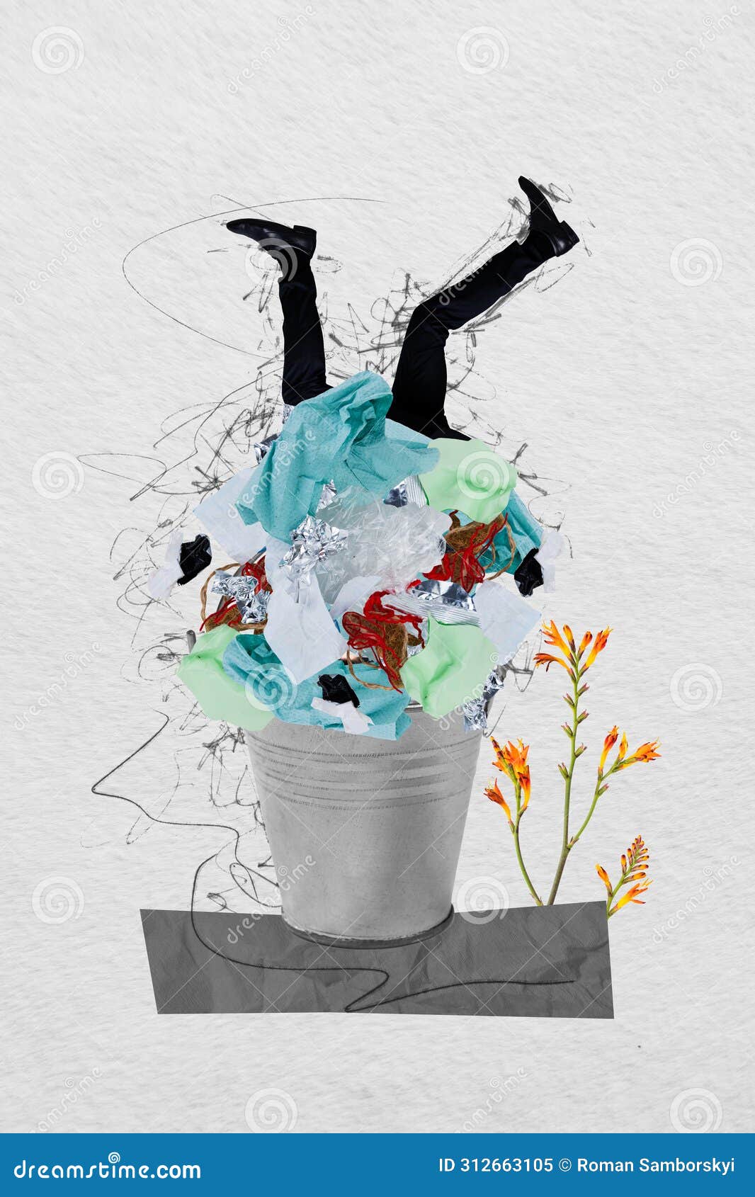 Vertical Creative Composite Funny Photo Collage of Man Fall Upside Down ...