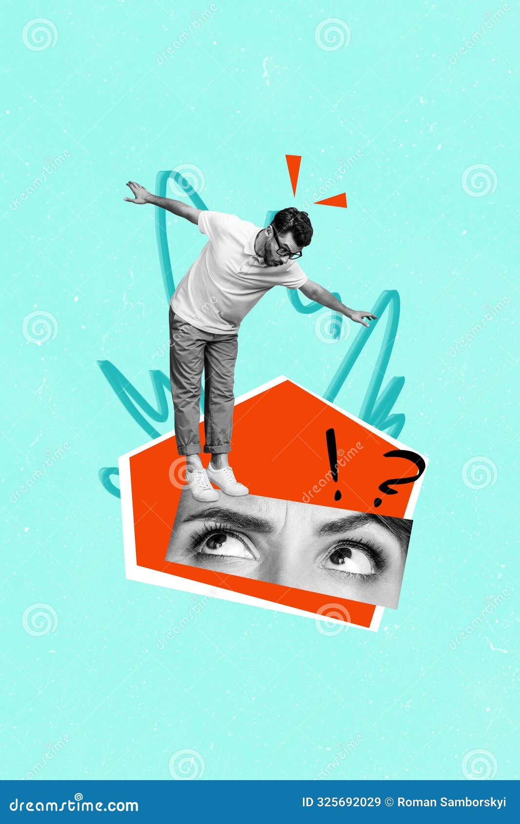 Vertical Creative Image Collage Young Man Balance Falling Down Face ...
