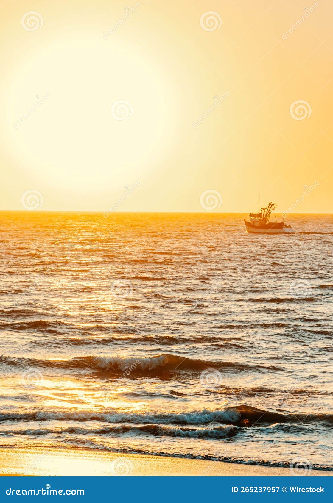 Vertical of a Distant Ship on a Voyage on the Wavy Seascape Against the ...