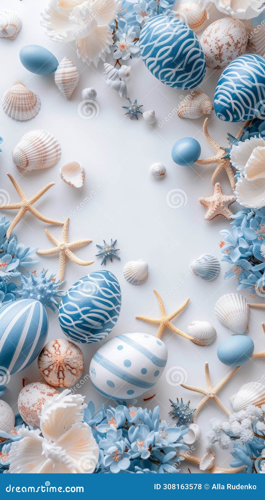 Vertical Easter Background in Nautical Style with Painted Eggs, Corals ...