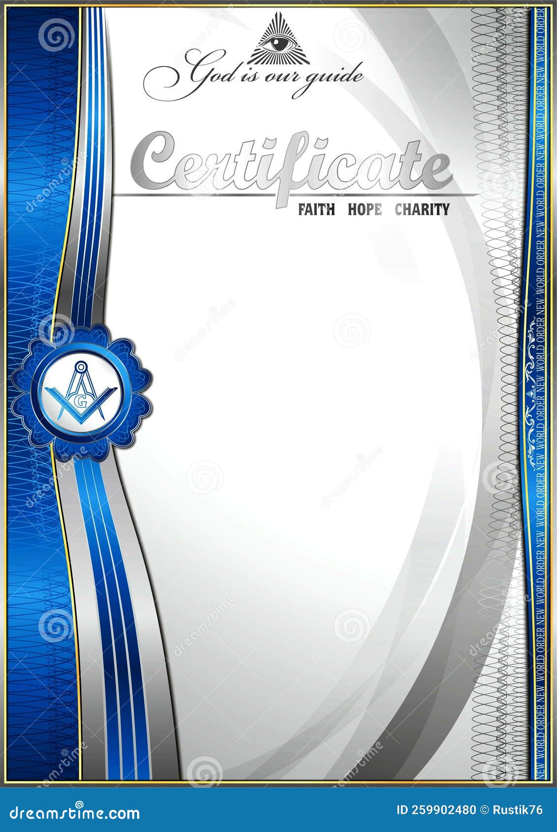 Vertical Elegant Masonic Certificate with Abstract Waves. Blue Inserts ...