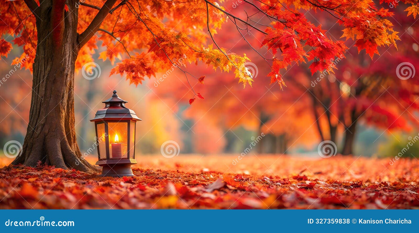 Vertical Fall Background with Red Tree Orange Leaves and Sheeny Lantern ...