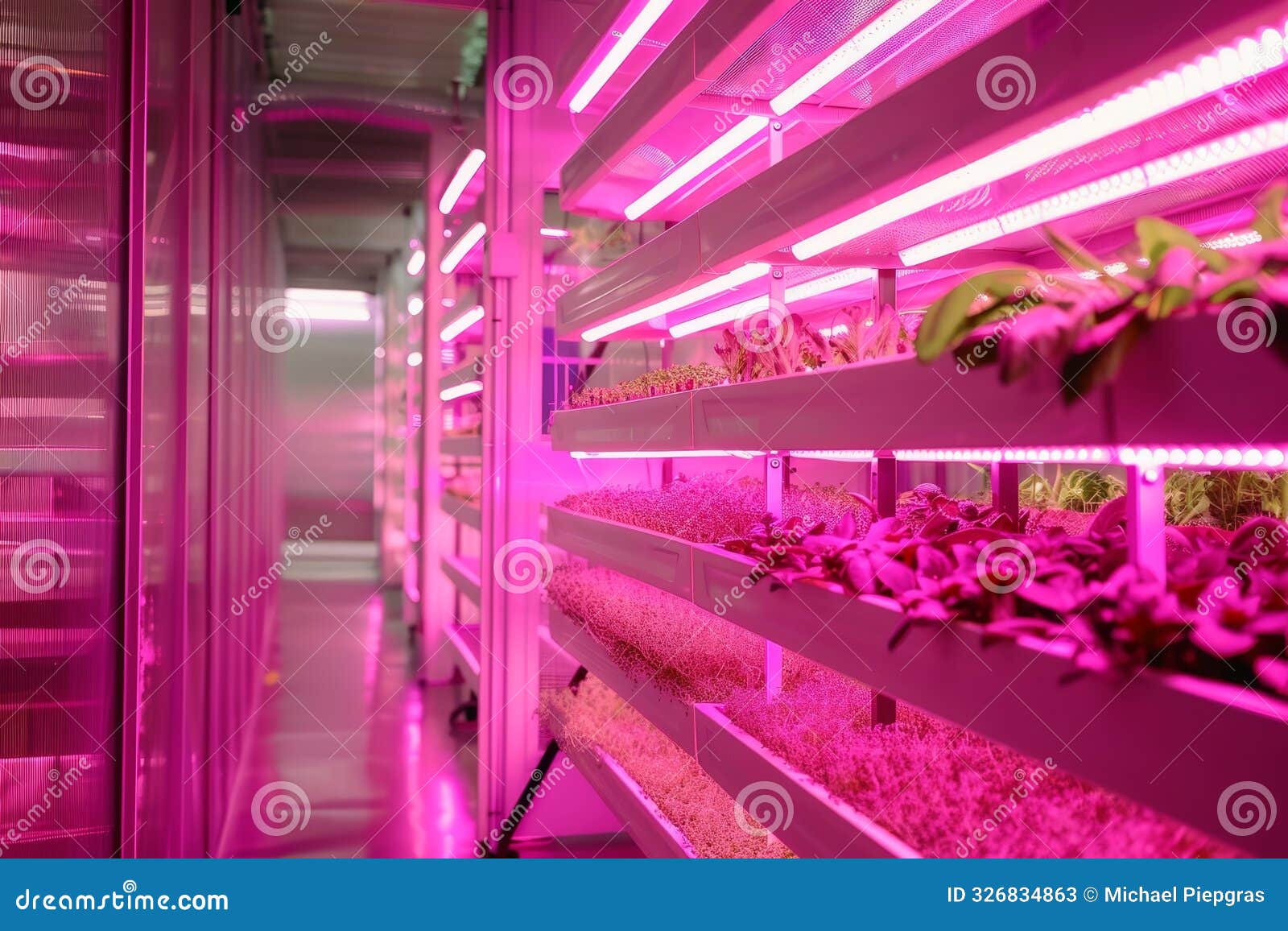 A Vertical Farm with Stacked Layers of Plants Growing Under LED Lights ...