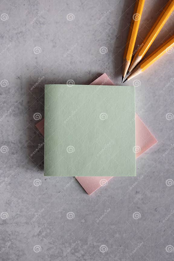 Vertical Flat Lay Background Blank Sticky Notes Stacked with Pencils ...