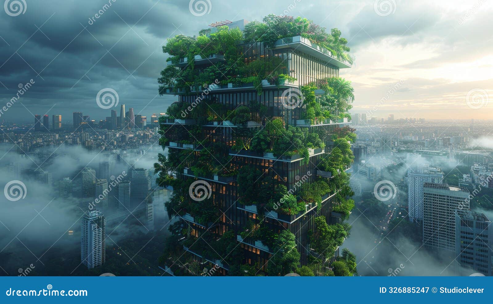 Vertical Forest Skyscraper In A Cloudy Urban Landscape - Generative Ai ...