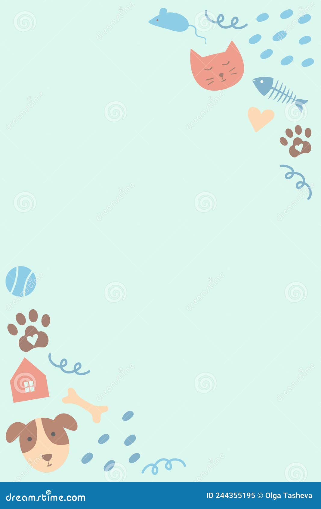 Vertical Frame with Pets and Their Objects on a Blue Background Stock ...