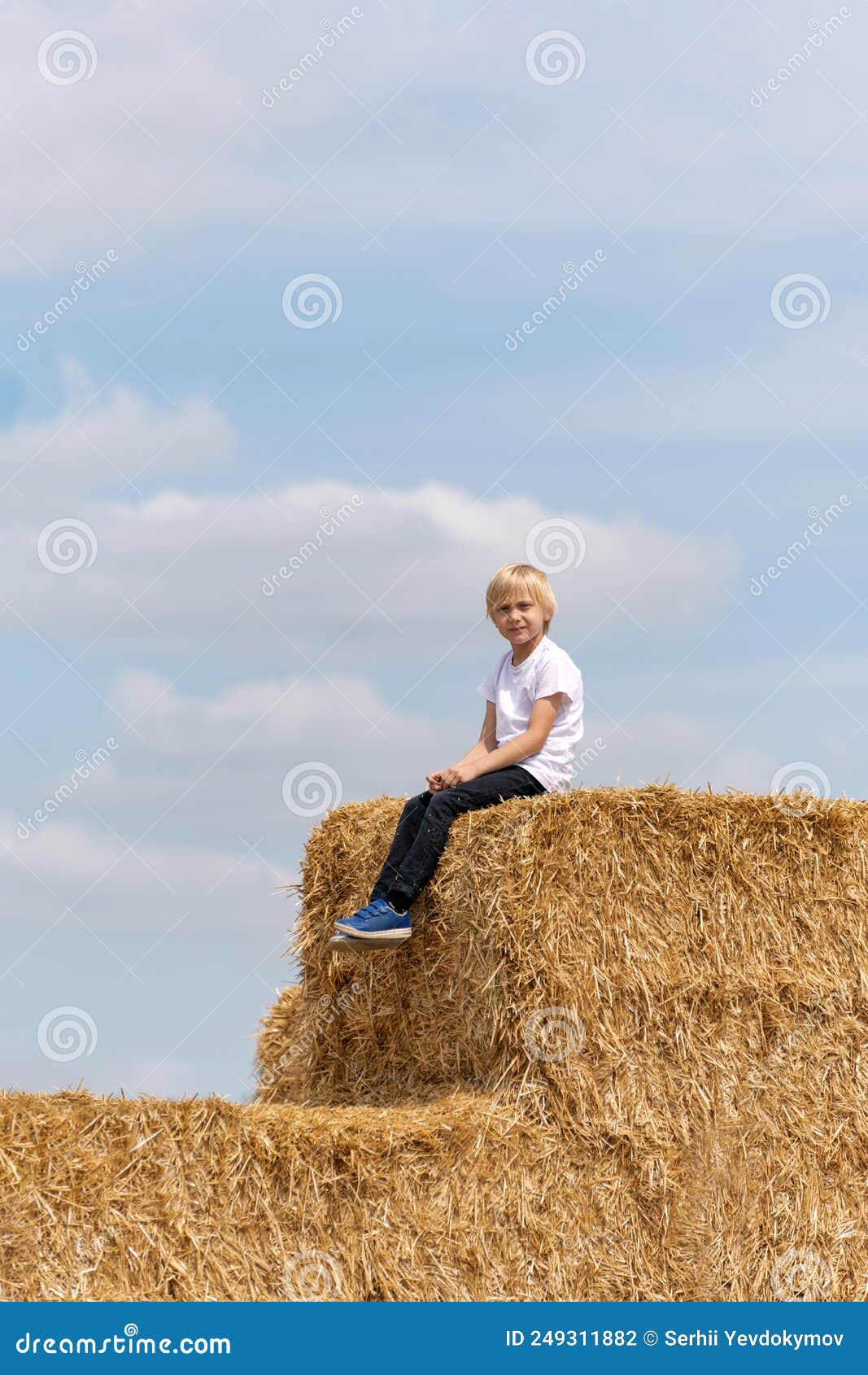 Vertical Frame Portrait of Blond Boy Sitting on Haystack. Child is on ...