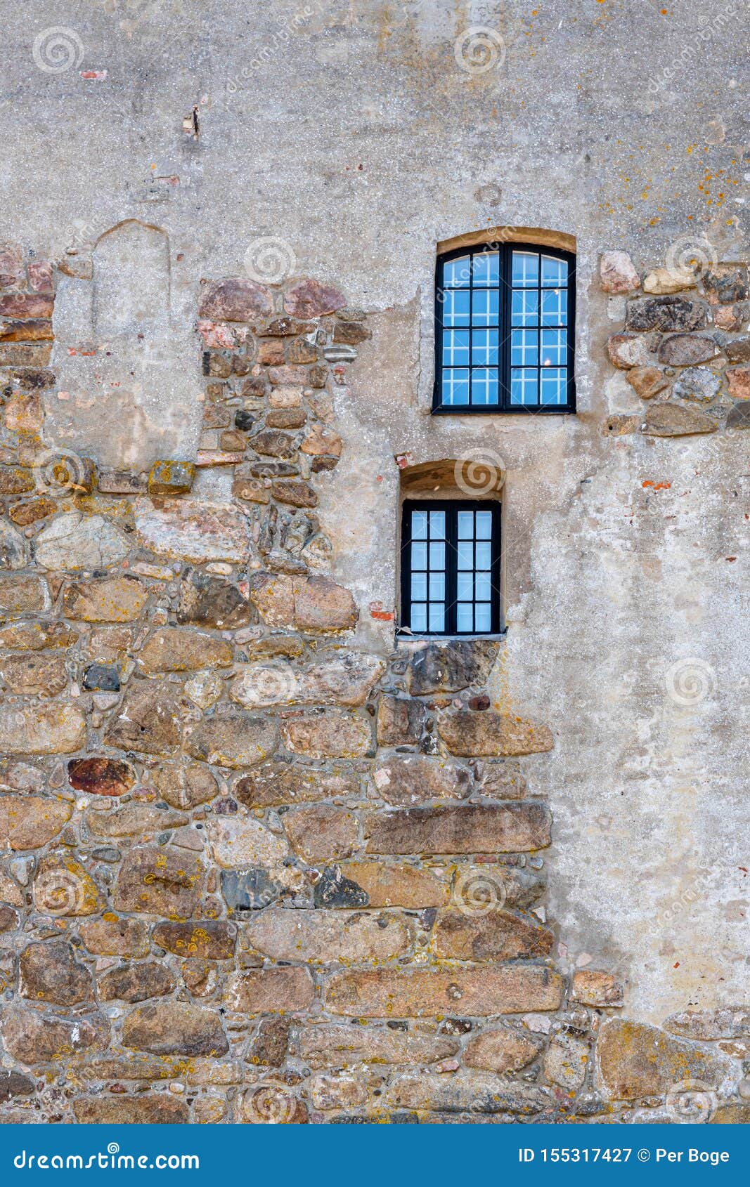 Vertical Frame of Two Windows on an Old Rough Ancient Medieval Stone ...