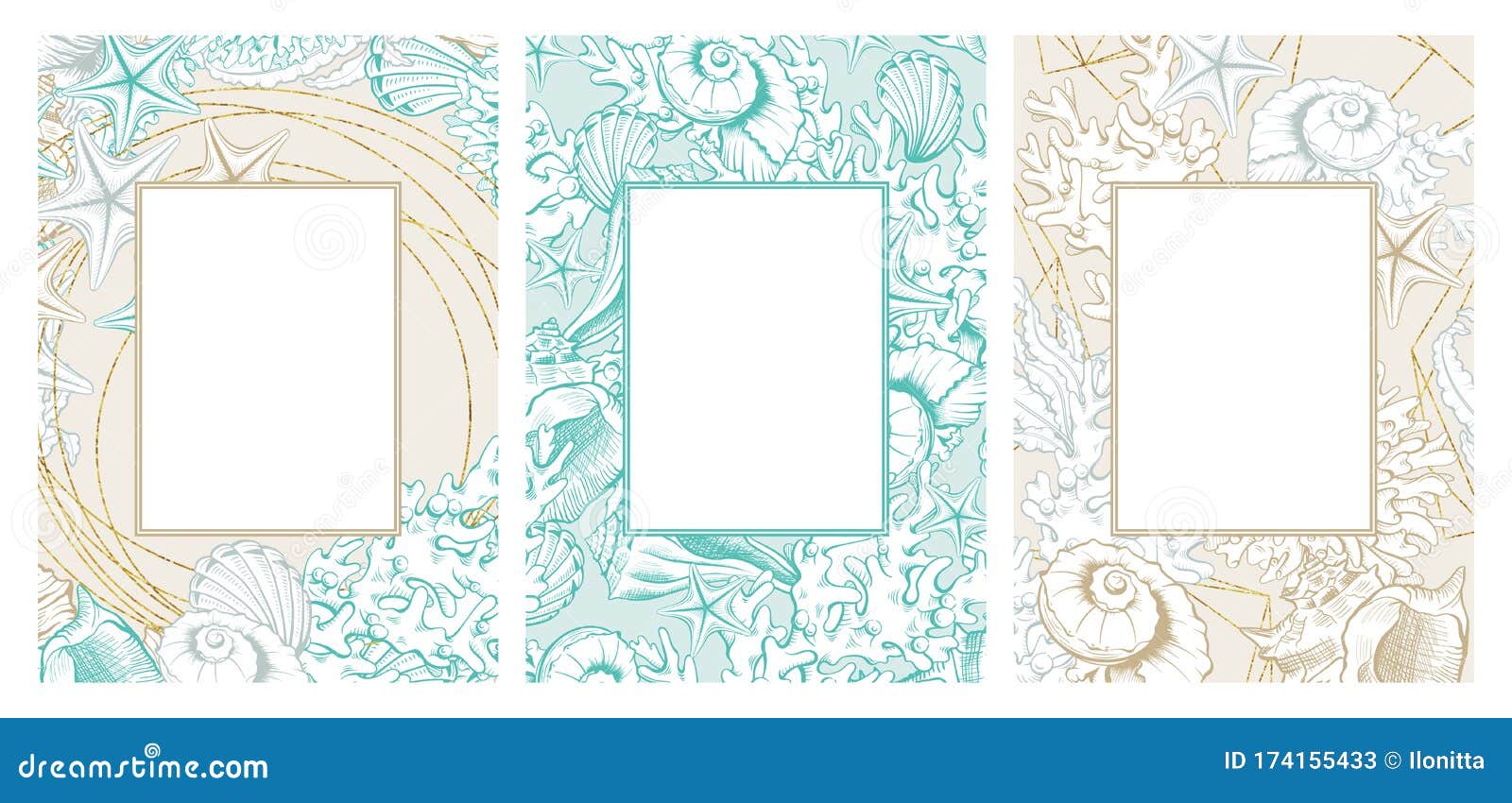 Vertical Frames Set with Gold and Turquoise Seashells. Isolated Vector ...
