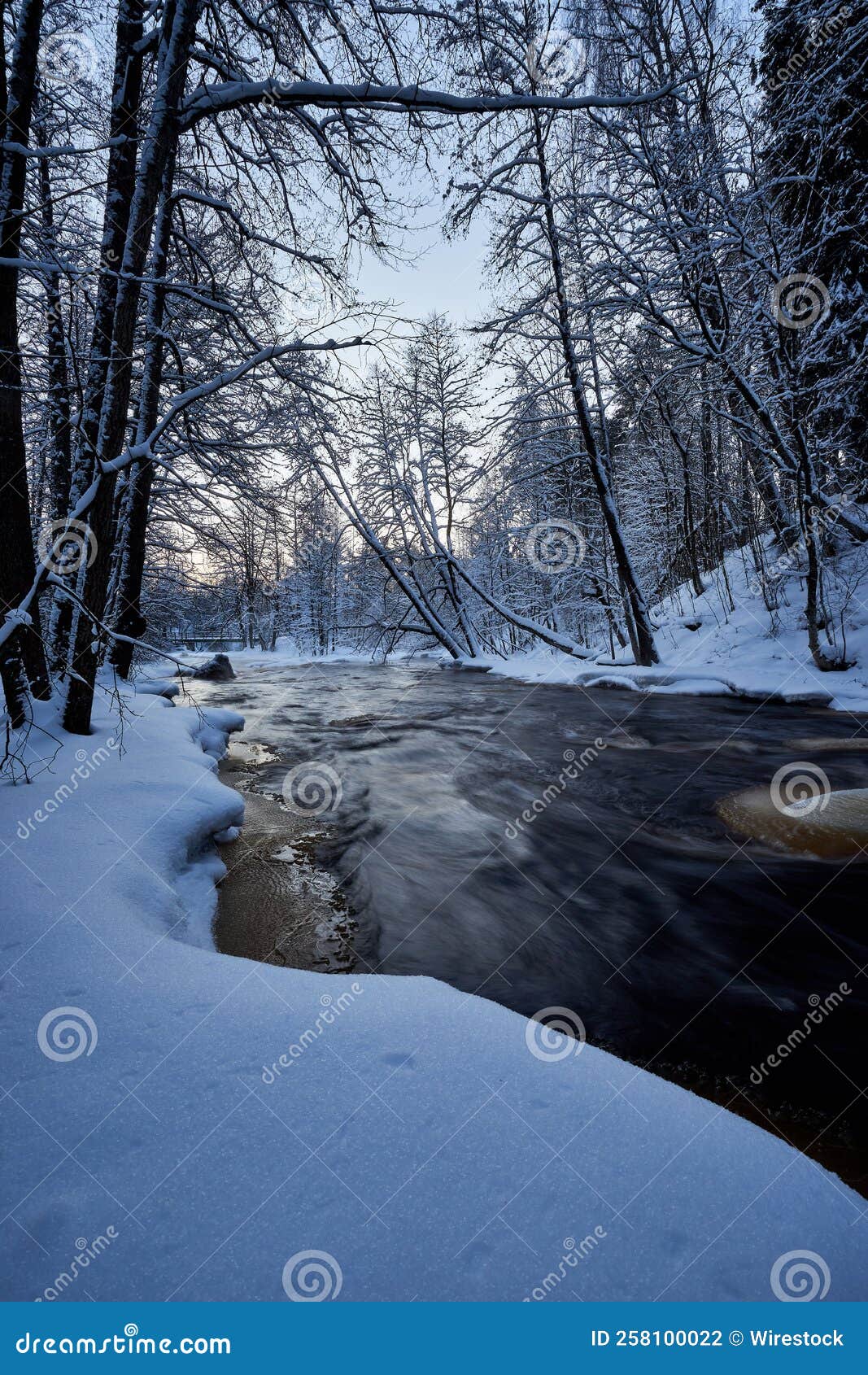 Vertical of a Frozen River between Snow-covered Shores. Stock Photo ...