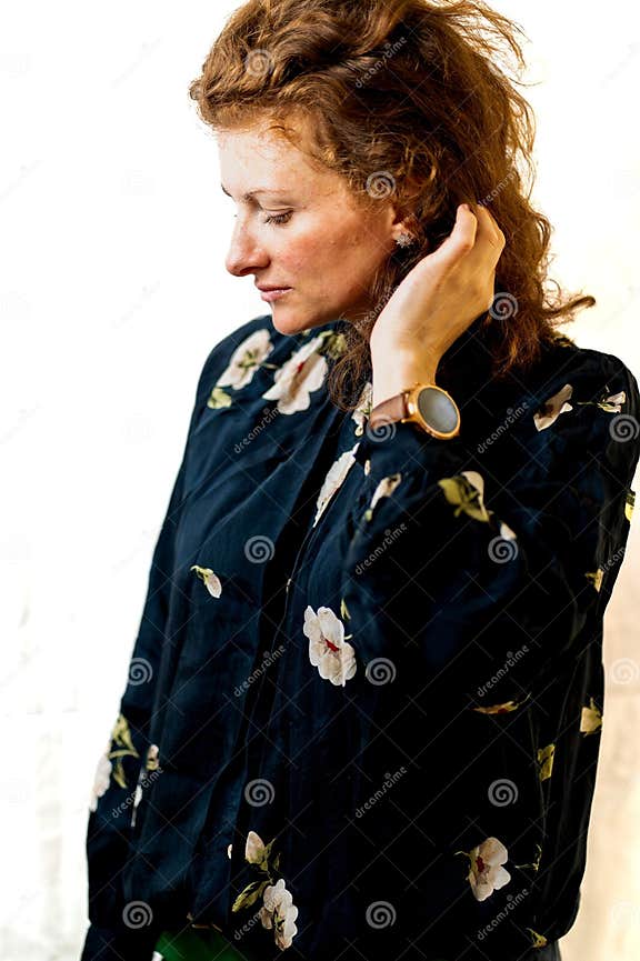 Vertical of a Ginger Model Posing, Dressed in an Elegant Blue Shirt on ...
