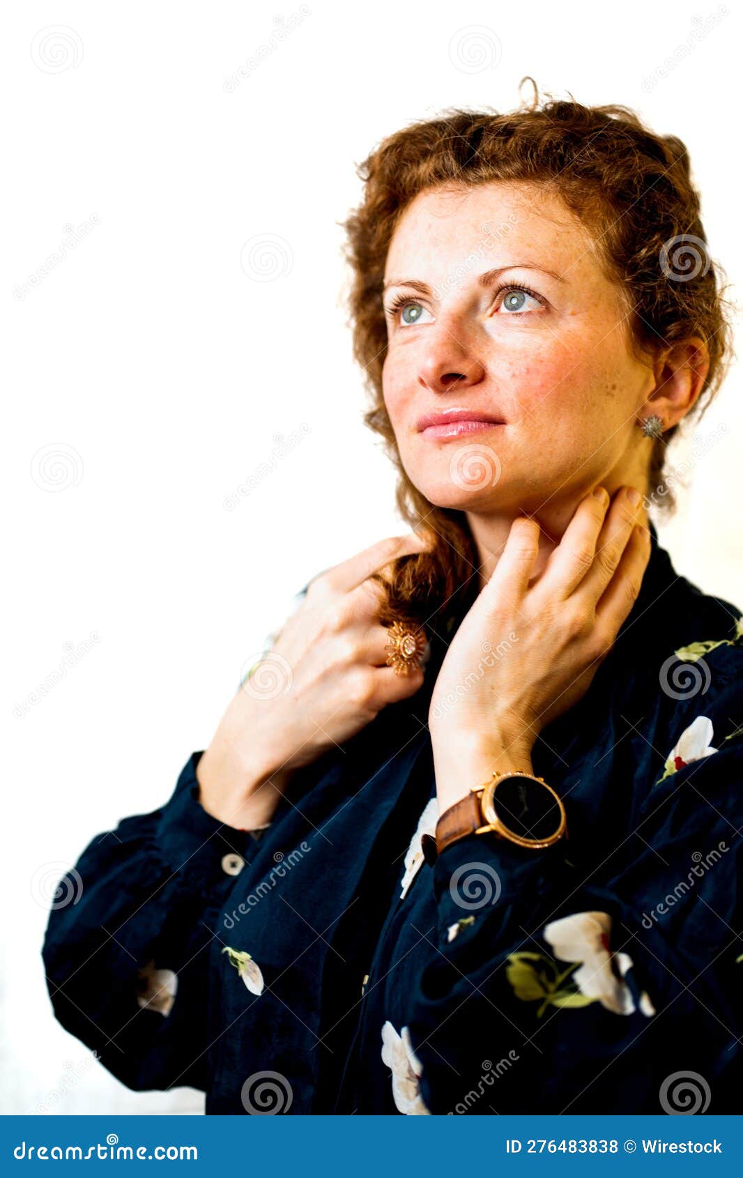 Vertical of a Ginger Model Posing, Dressed in an Elegant Blue Shirt on ...