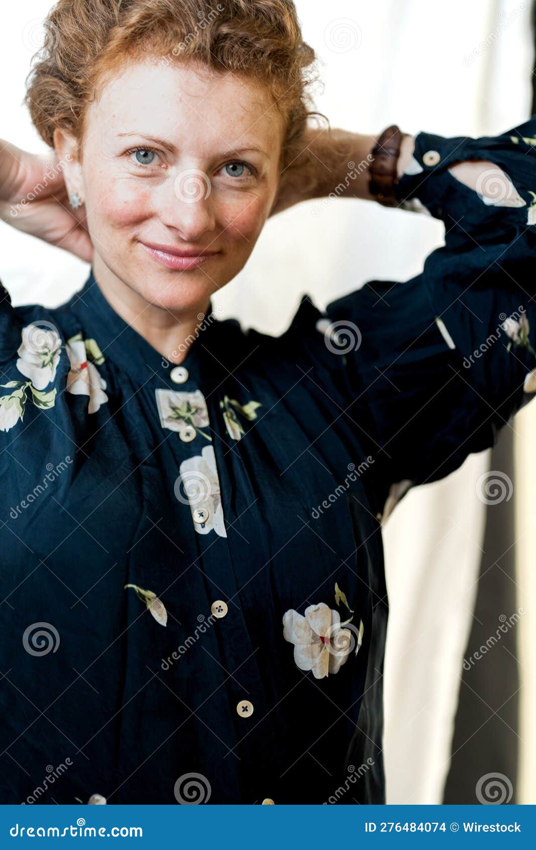 Vertical of a Ginger Model Posing, Dressed in an Elegant Blue Shirt on ...