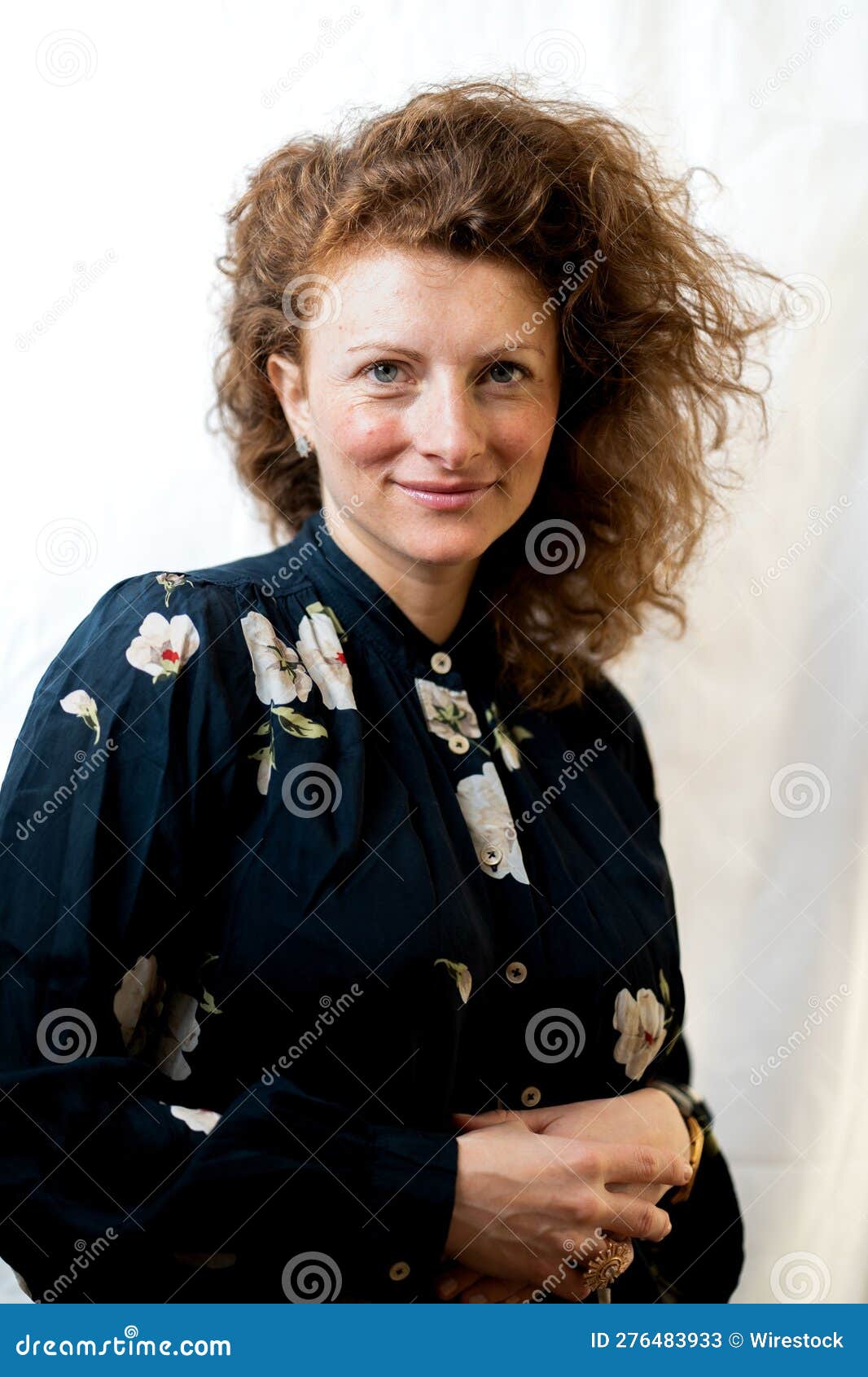 Vertical of a Ginger Model Posing, Dressed in an Elegant Blue Shirt on ...
