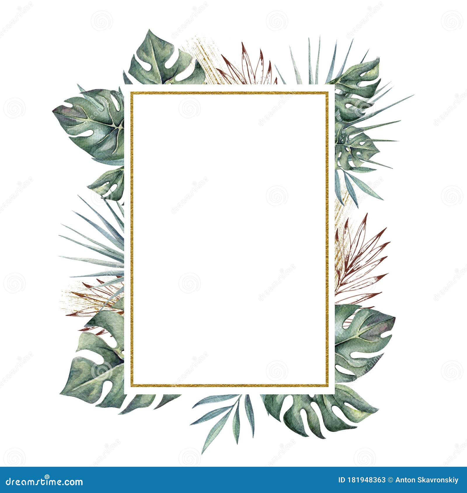 Vertical Gold Rectangular Frame with Watercolor Tropical Leaves Stock ...