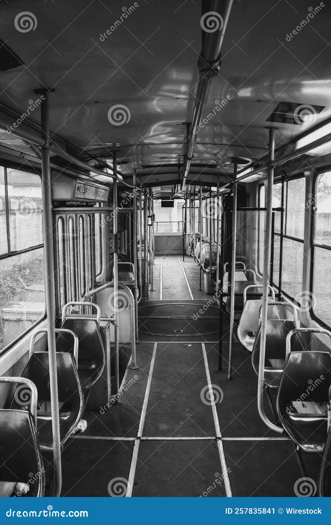 Vertical Grayscale of the Inside of an Empty Bus Stock Image - Image of ...