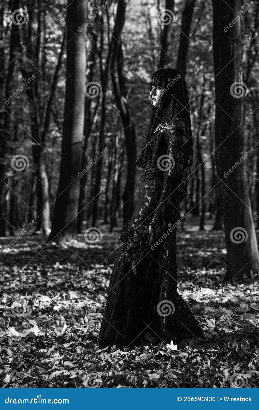Vertical Grayscale of a Scary Corpse Bride in the Autumn Forest Stock ...