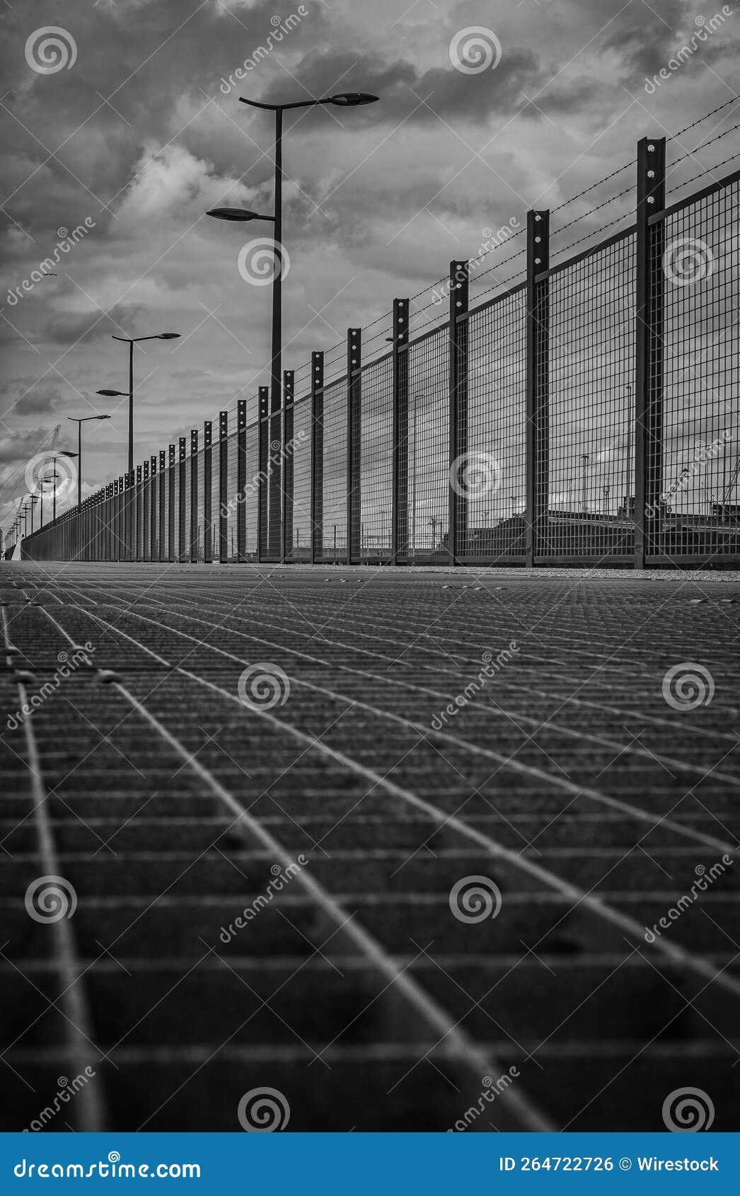 Vertical Grayscale Shot of a Caged Bridge Under a Cloudy Sky. Stock ...