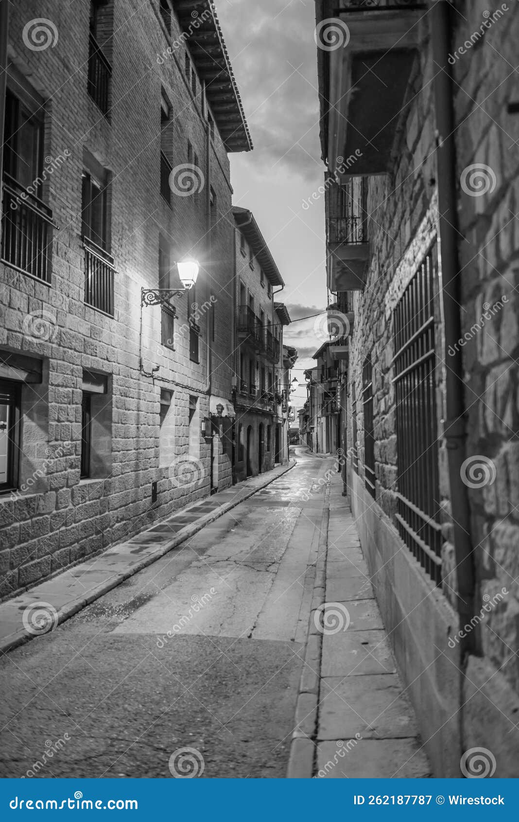 Vertical Grayscale Shot of a Road between Two Buildings in the Evening ...