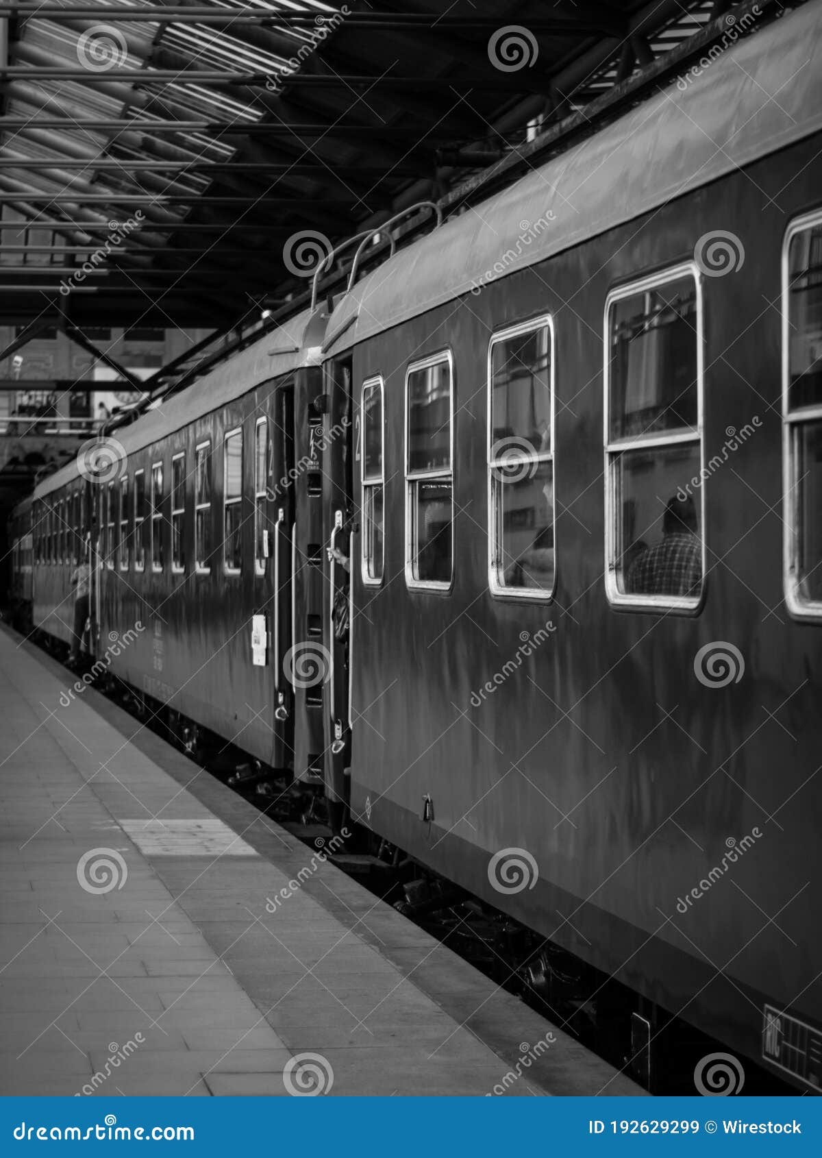 Vertical Grayscale Shot of a Train at an Indoor Station Stock Image ...