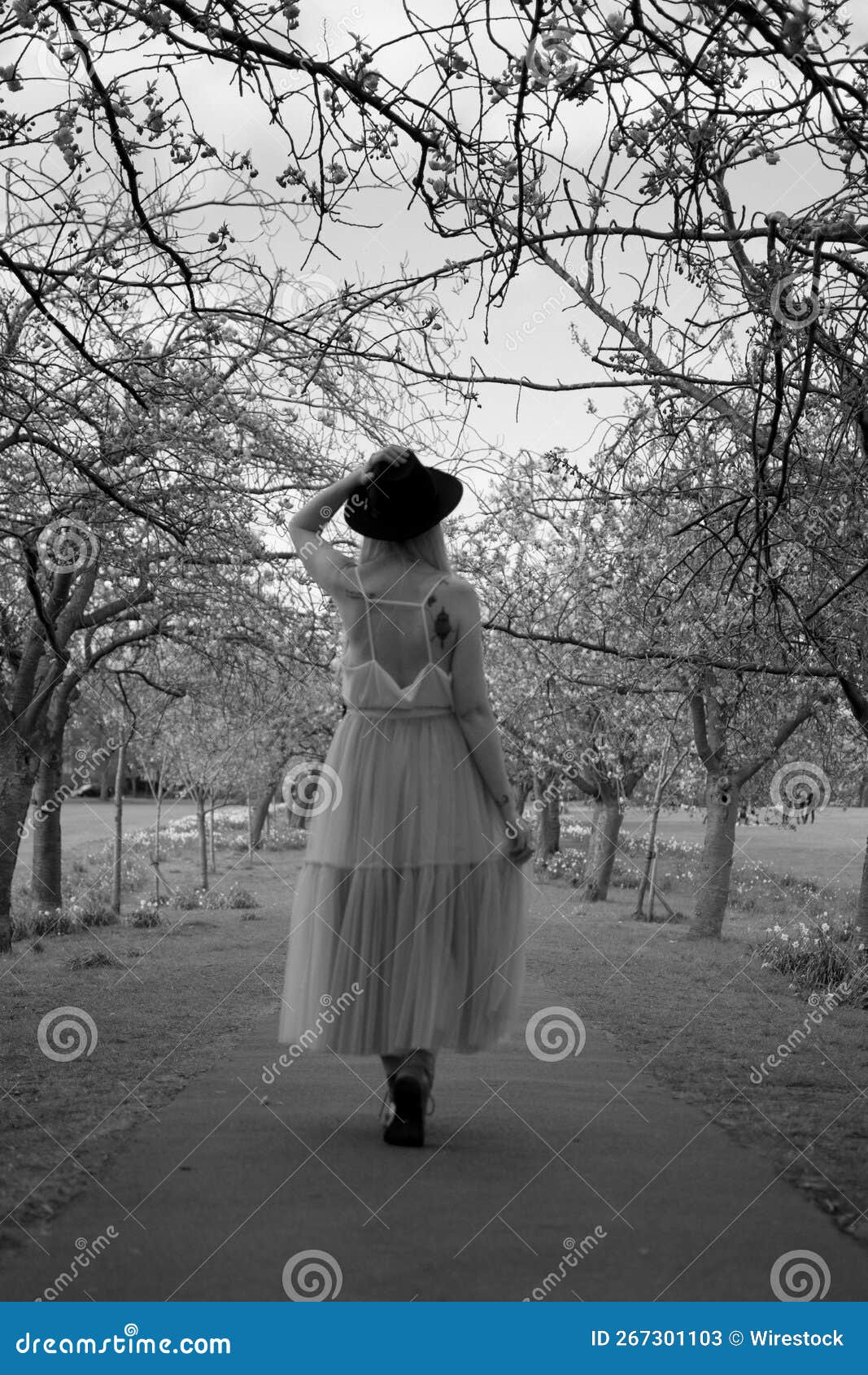 Vertical Grayscale Shot of a Woman Walking in a Pathway in a Garden ...