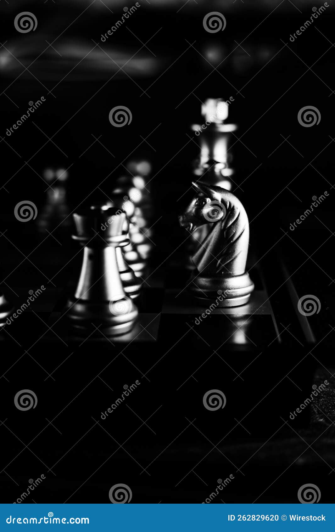 Vertical Grayscaleshot of a Chess Board with the Pieces on Top Stock ...