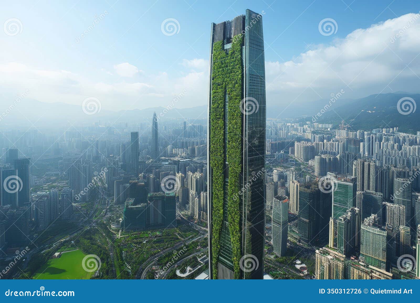 Vertical Green Skyscraper in Modern City Skyline on a Sunny Day Stock ...