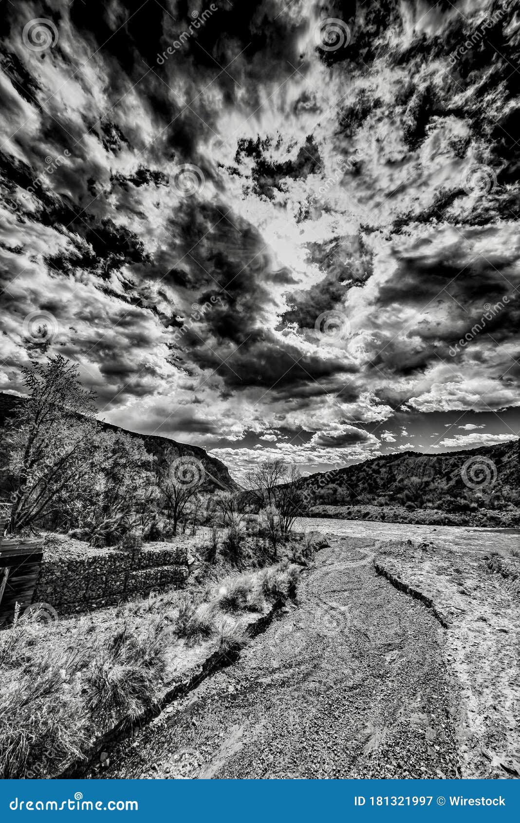 Vertical Greyscale of a Pathway Surrounded by Rocks Under a Cloudy Sky ...