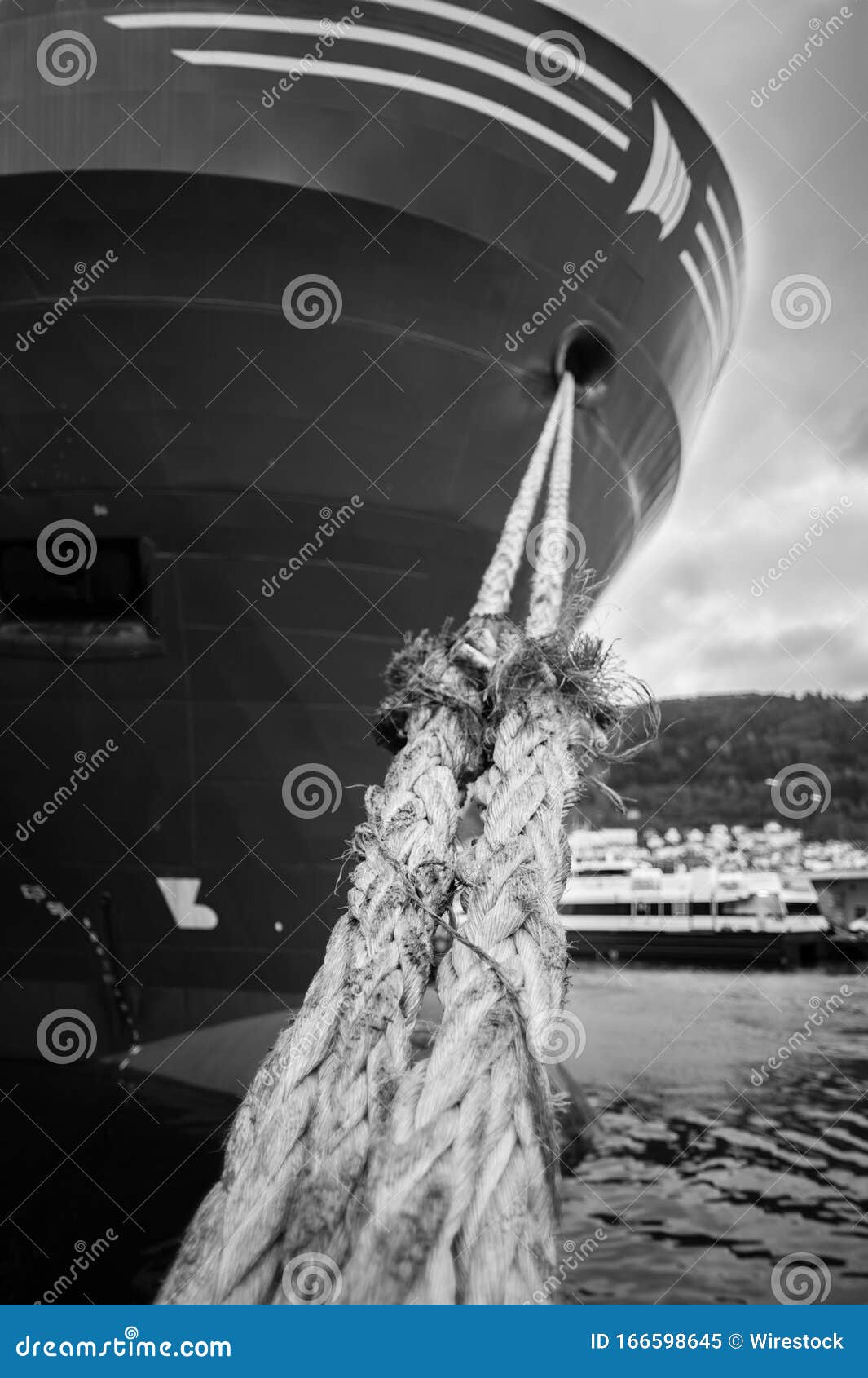 Vertical Greyscale Shot of a Thick Rope Holding the Big Ship Stock ...